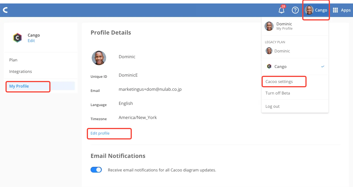 How to edit your profile in Cacoo – FAQs & Technical Support | Nulab